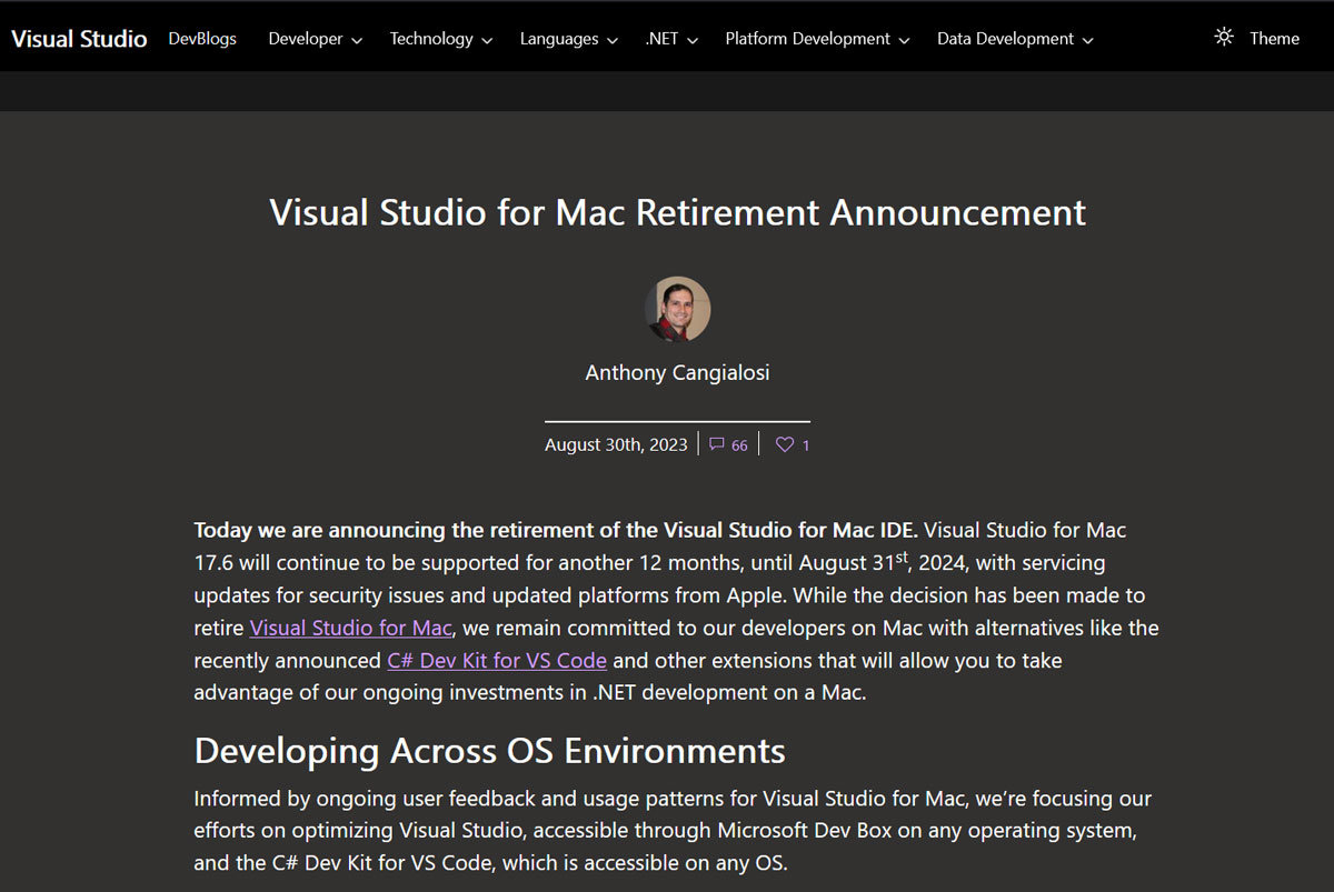 Microsoft、「Visual Studio for Mac」の提供を終了 代わりの選択肢は？：サポートは2024年8月末まで - ＠IT