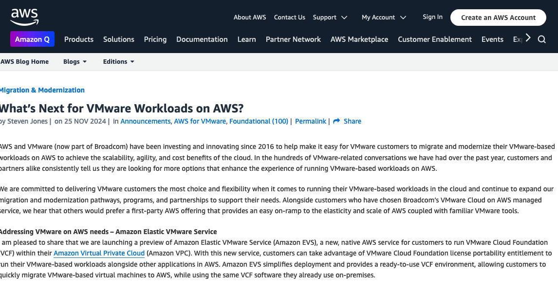 [B! techfeed] AWSがネイティブなVMware環境を用意か Amazon EVSがまもなく登場