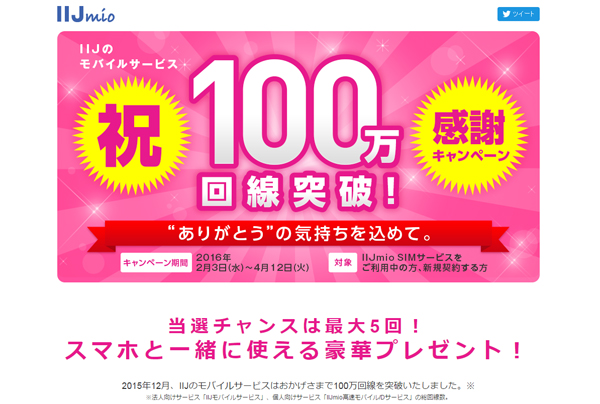 IIJ、「100万回線突破 感謝キャンペーン」実施――第1弾は2月16日まで - ITmedia Mobile