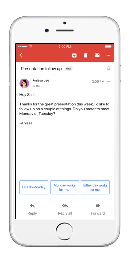 Gmailに「スマートリプライ」導入 返信メールを自動作成：Google I/O 2017 - ITmedia Mobile