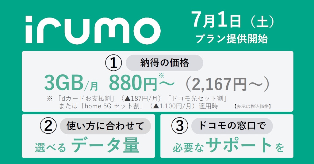 “ドコモの”格安プラン「irumo（イルモ）」が7月1日登場 月額550円から 「OCN モバイル ONE」の新規申し込みは終了 - ITmedia Mobile