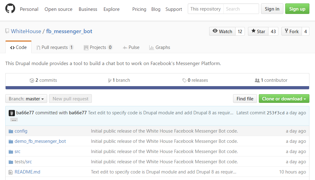 [B! github] 米大統領のFacebookメッセンジャーbot、GitHubで公開