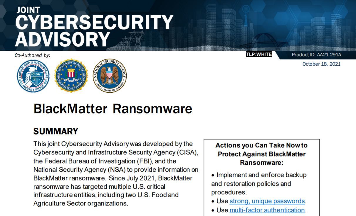 CISA、FBI、NSAがBlackMatterランサムウェア対策アドバイザリー公開 - ITmedia NEWS