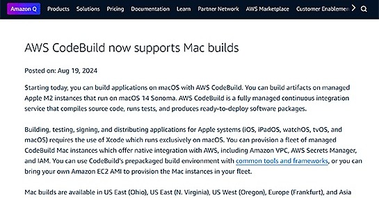 AWS CodeBuildがiOSやiPadOS、macOSアプリなどのビルドに対応 Apple M2プロセッサ／macOS 14マシンのビルド環境を自動プロビジョニング - ITmedia NEWS